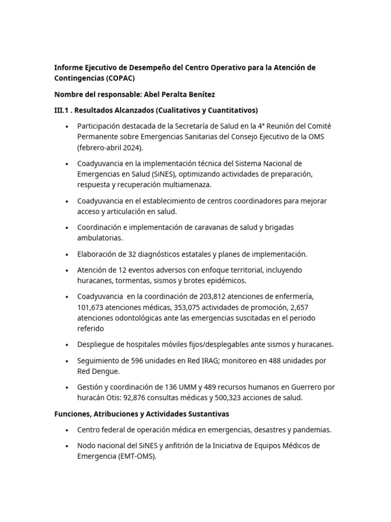 Informe de Desempeño Del Copac | PDF | Hospital