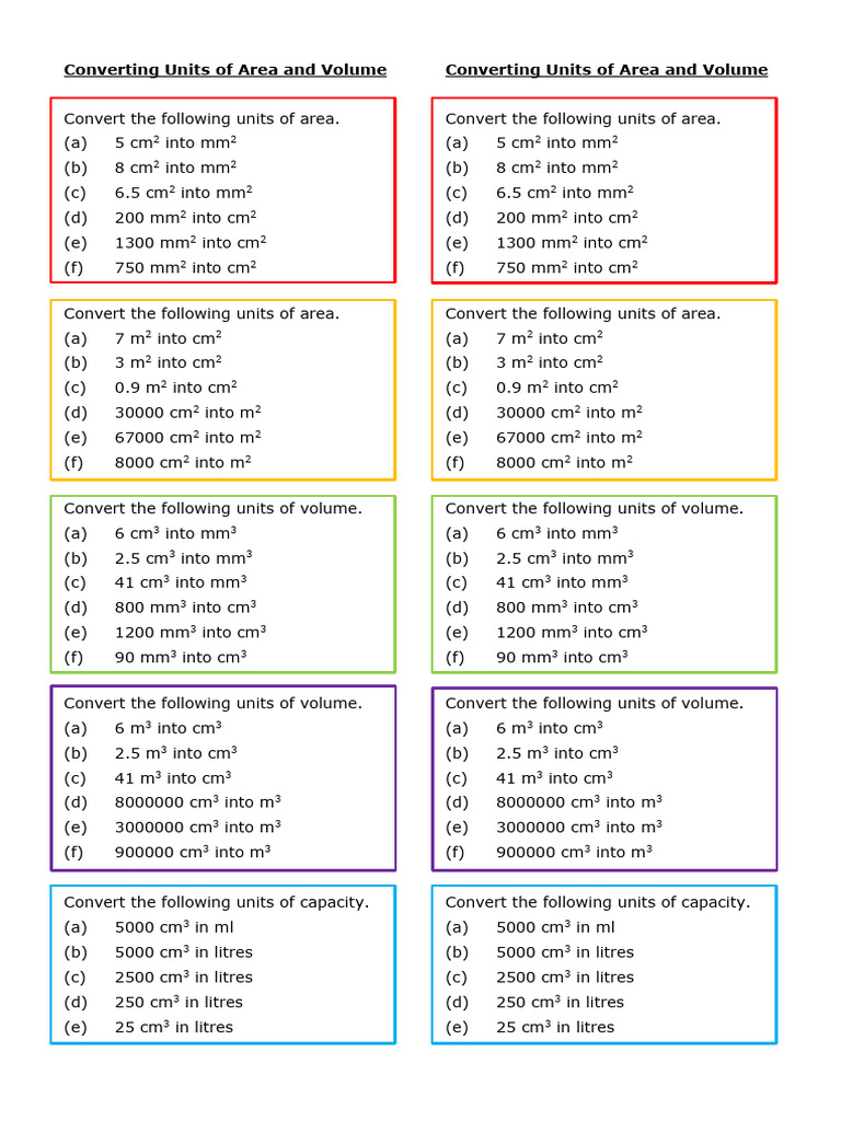 Converting Units of Area and Volume Practice Strips (1) | PDF