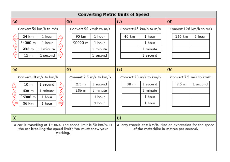 Converting Metric Units of Speed Practice Grid | PDF