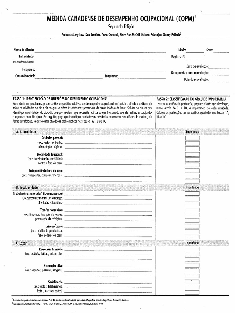 Medida Canadense de Desempenho Ocupacional (Copm) 2a Ed | PDF
