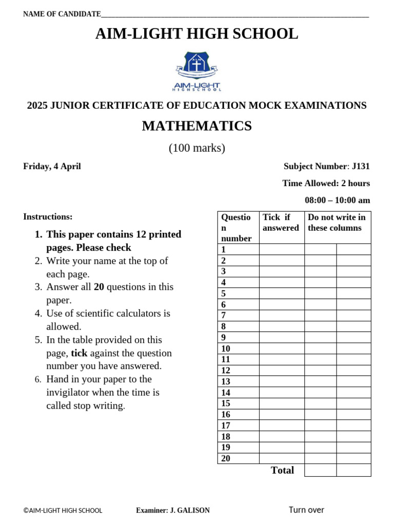 Mathematics Form 2 Exams | PDF