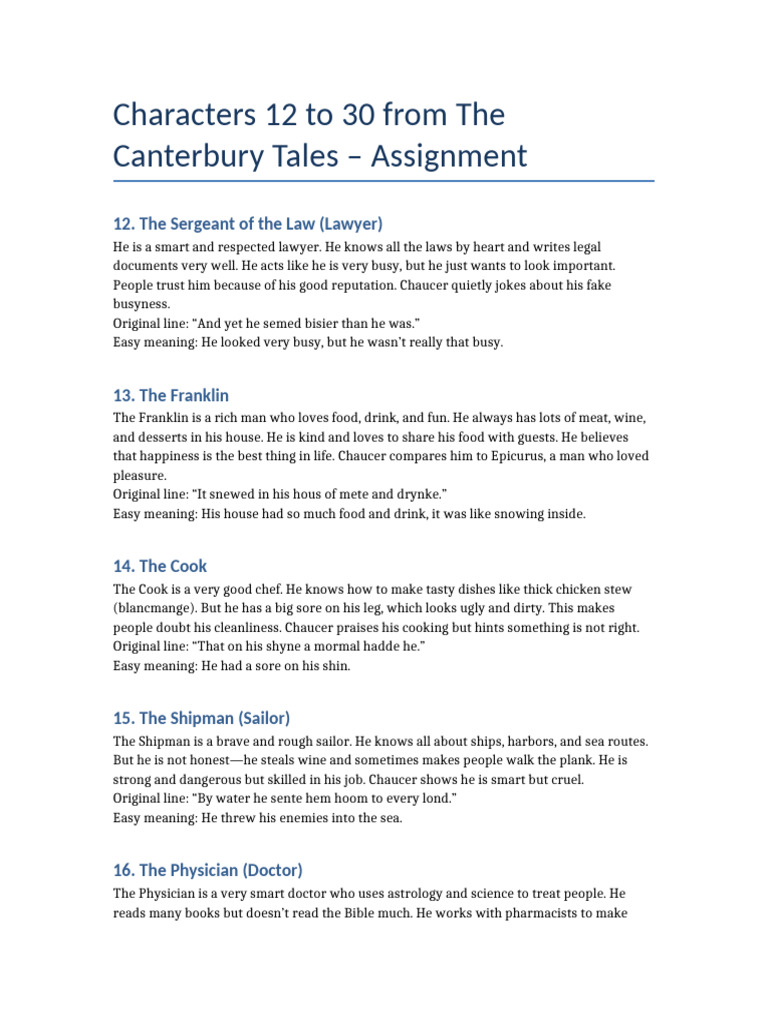 Canterbury Tales Characters 12 To 30 | PDF