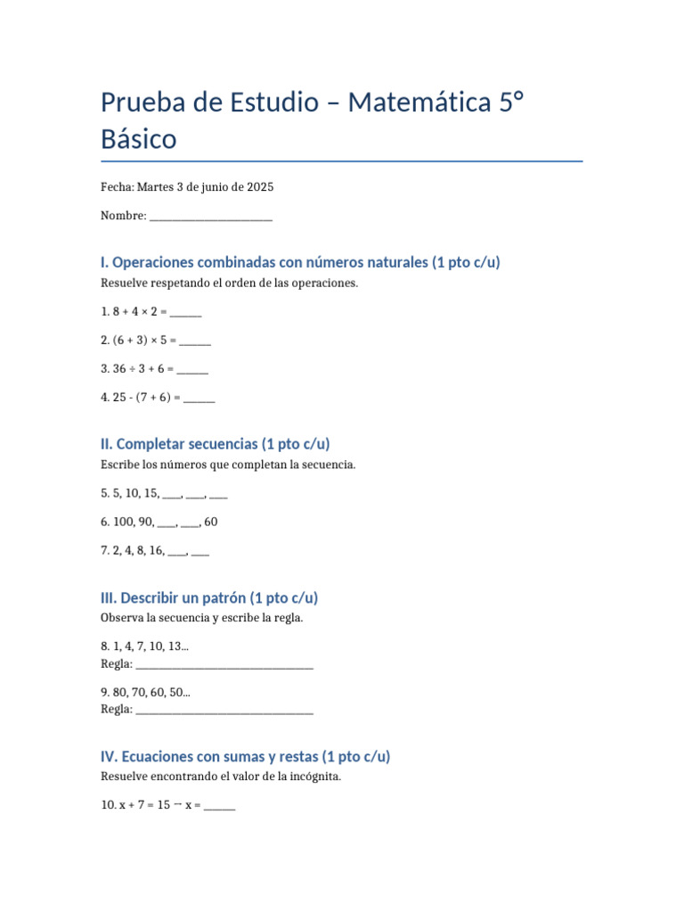 Prueba Matematica 5to Basico | PDF