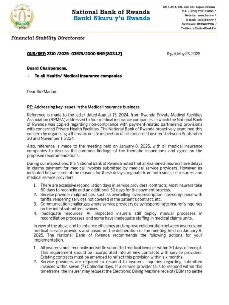 NBR General Letter To All Medical Insurance Companies | PDF