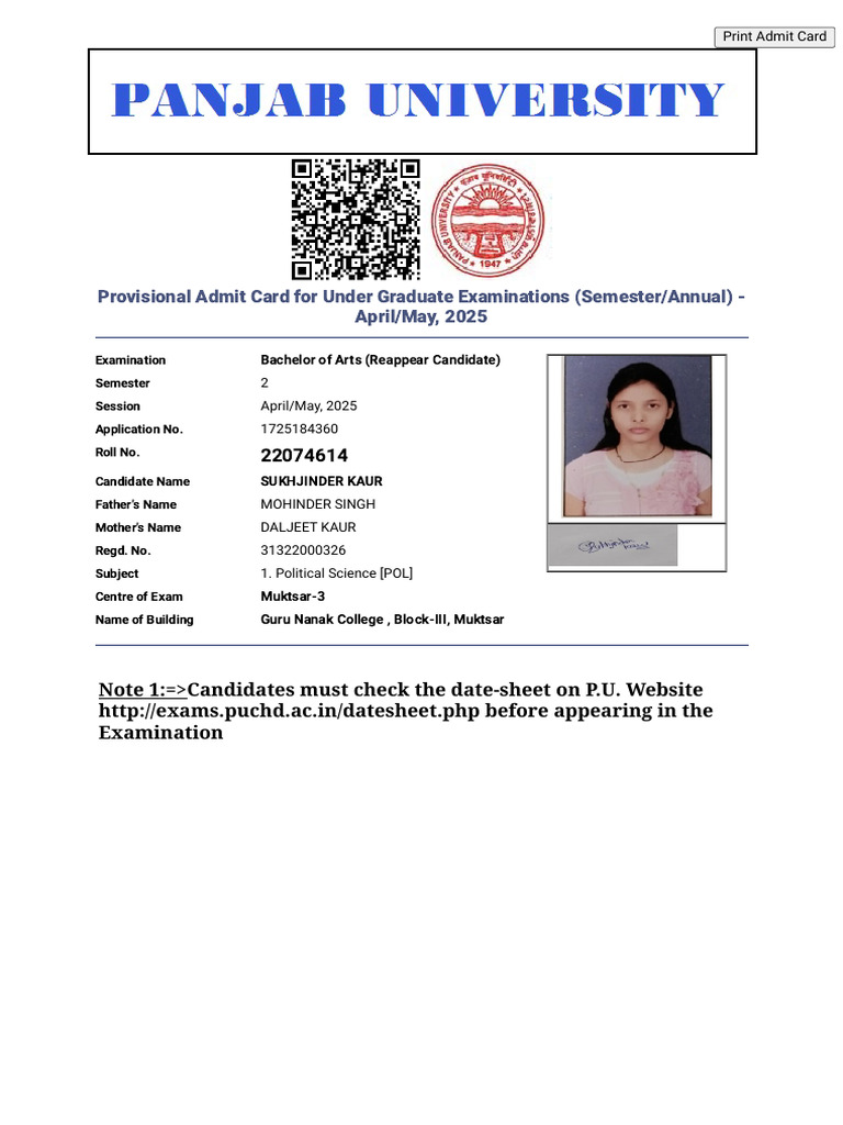 Ugexam - Puexam.in StudentAdmitCard - Aspx | PDF