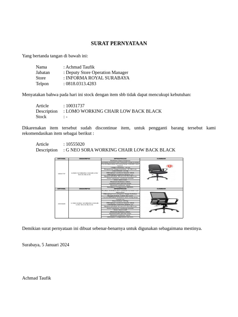 Surat Pernyataan Stock Habis Lomo | PDF