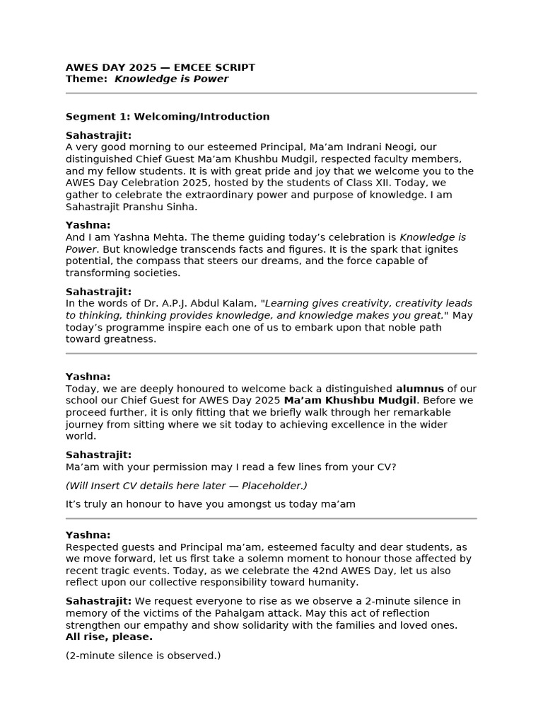 Awes Day 2025 Emcee Script Final Draft | PDF | Poetry | Knowledge