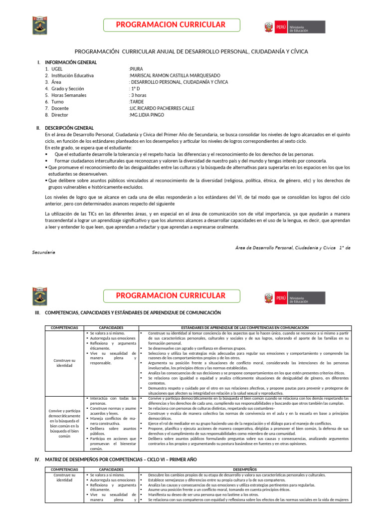 1ro Programacion Anual D.P.C.C. | PDF | Enseñando | Entorno natural