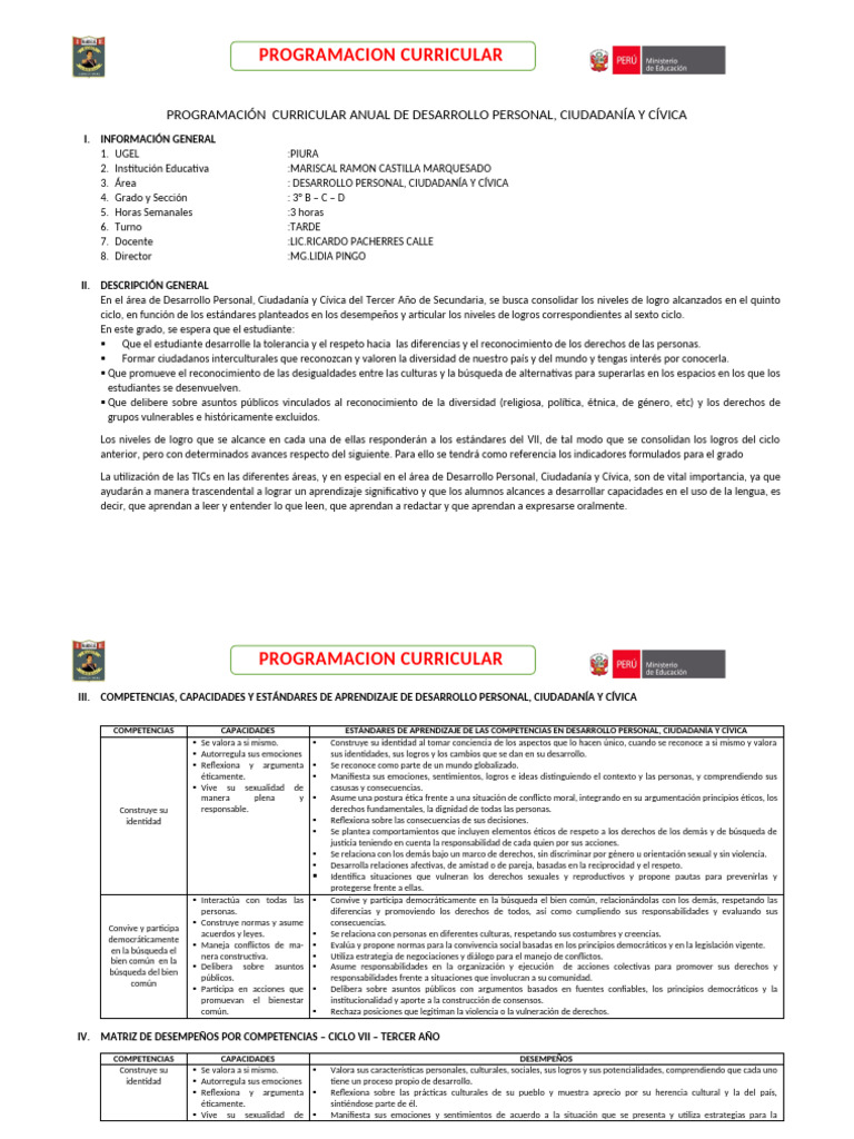 3ro Programacion Anual D.P.C.C. | PDF | Enseñando | Aprendizaje