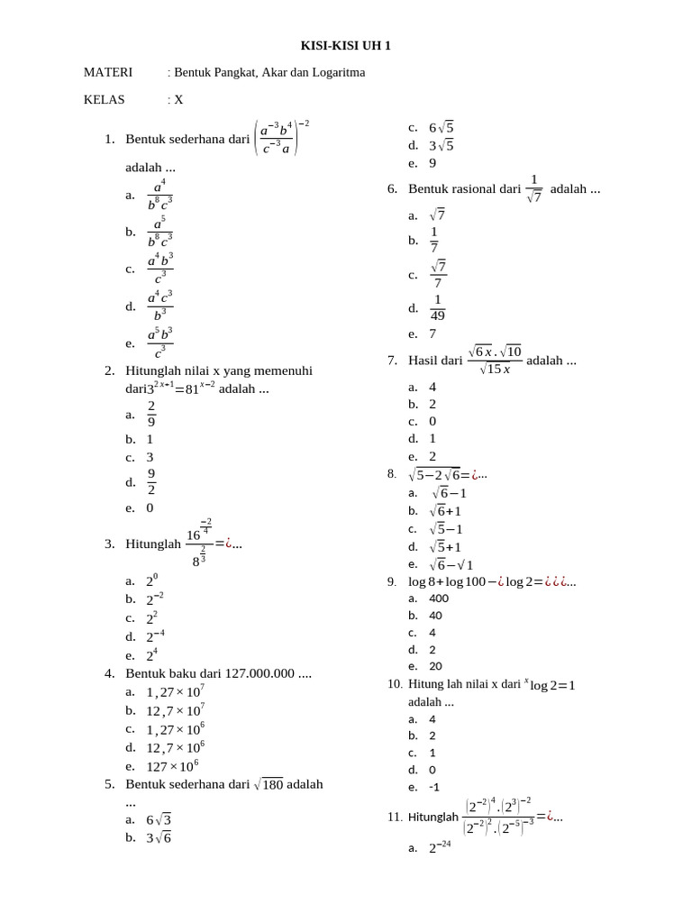 X - MTK KISI-KISI SOAL UH 1 (Bentuk Akar, Pangkat, Logaritma) | PDF