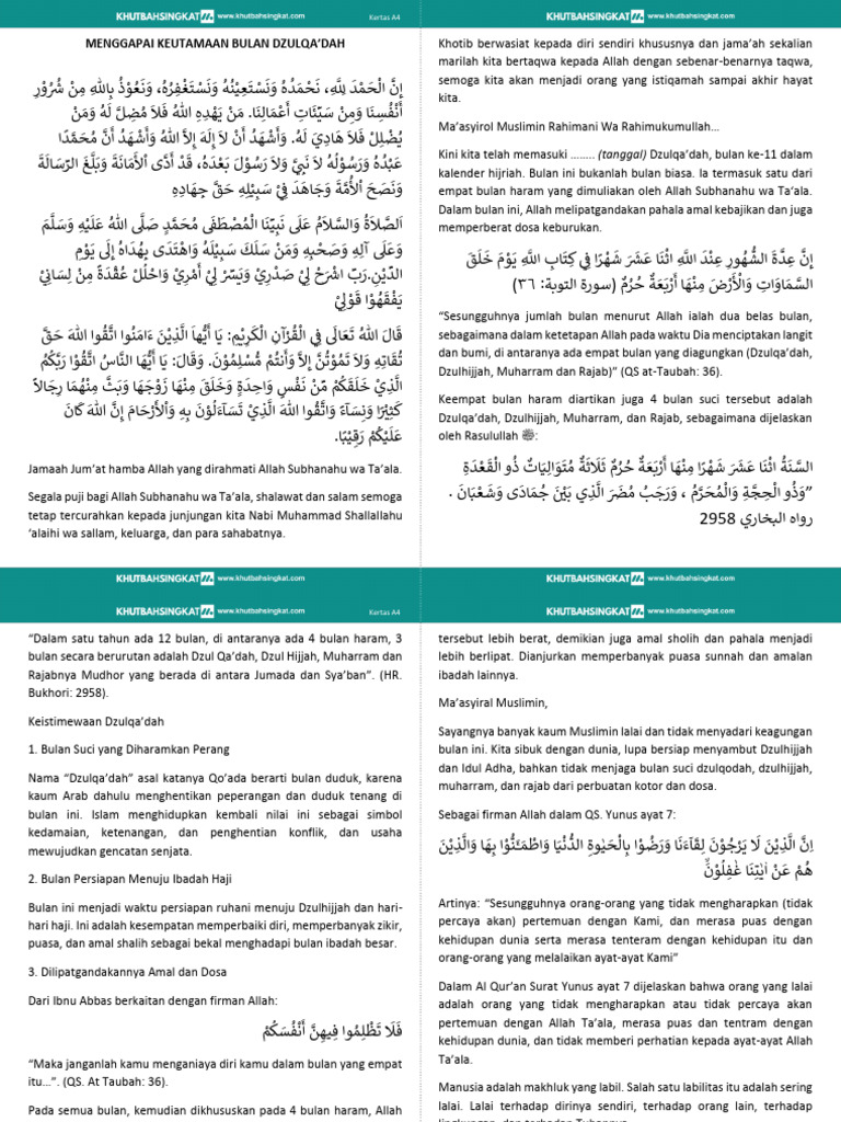Khutbah Jum'at Bahasa Indonesia - Menggapai Keutamaan Bulan Dzulqa'Dah | PDF