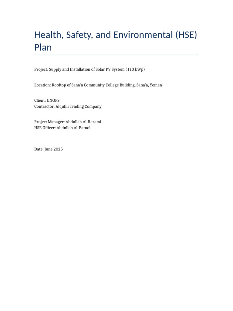 HSE Plan for Solar PV System in Sanaa | PDF | Photovoltaic System | Waste