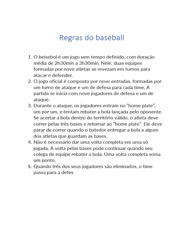 Regras Básicas do Baseball Explicadas | PDF