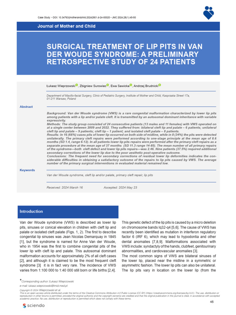 Surgical Treatment of Lip Pits in Van Der Woude Syndrome A Preliminary ...