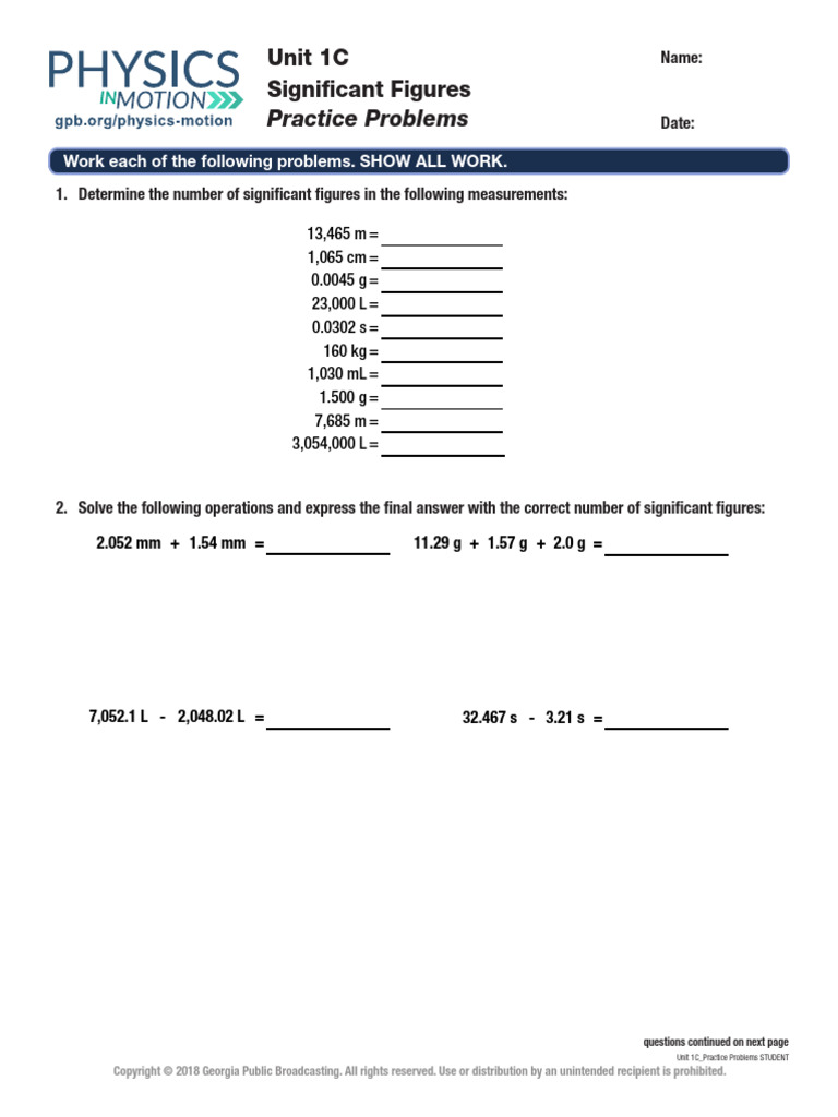 Unit 1c Practice Problemsstudent 2 | PDF | Significant Figures | Arithmetic