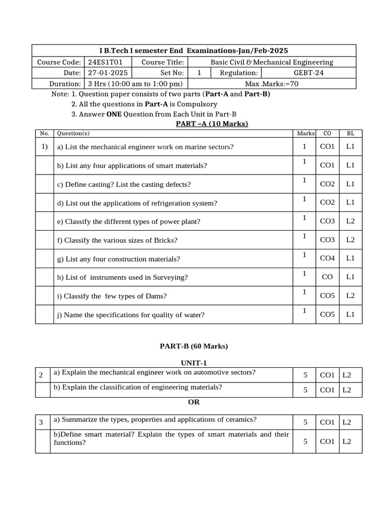 BCME Semester Examination Model Question Paper | PDF | Engineering ...