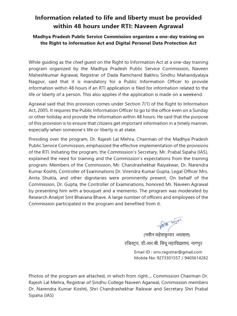 NEWS MPPSC RTI Training English | PDF | Government And Personhood ...