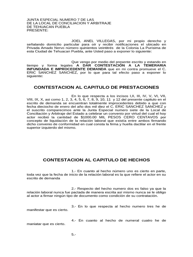 Contestación a Demanda Laboral en Tehuacán | PDF