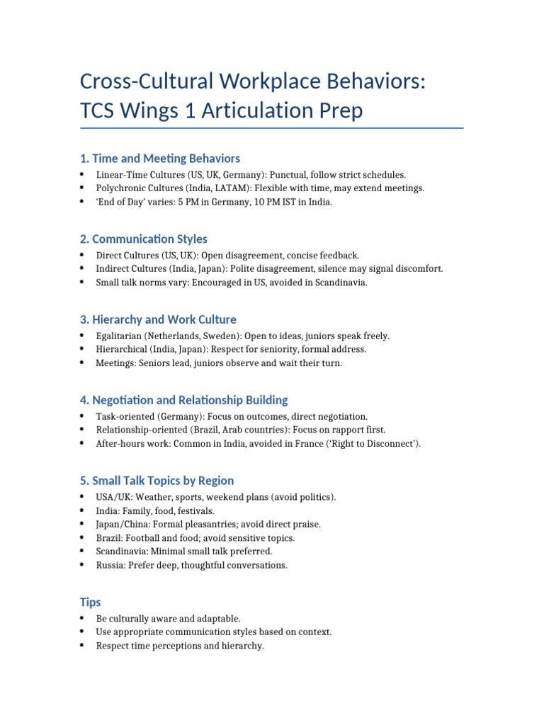 Cross Cultural Workplace Behaviors TCS Wings1 | PDF