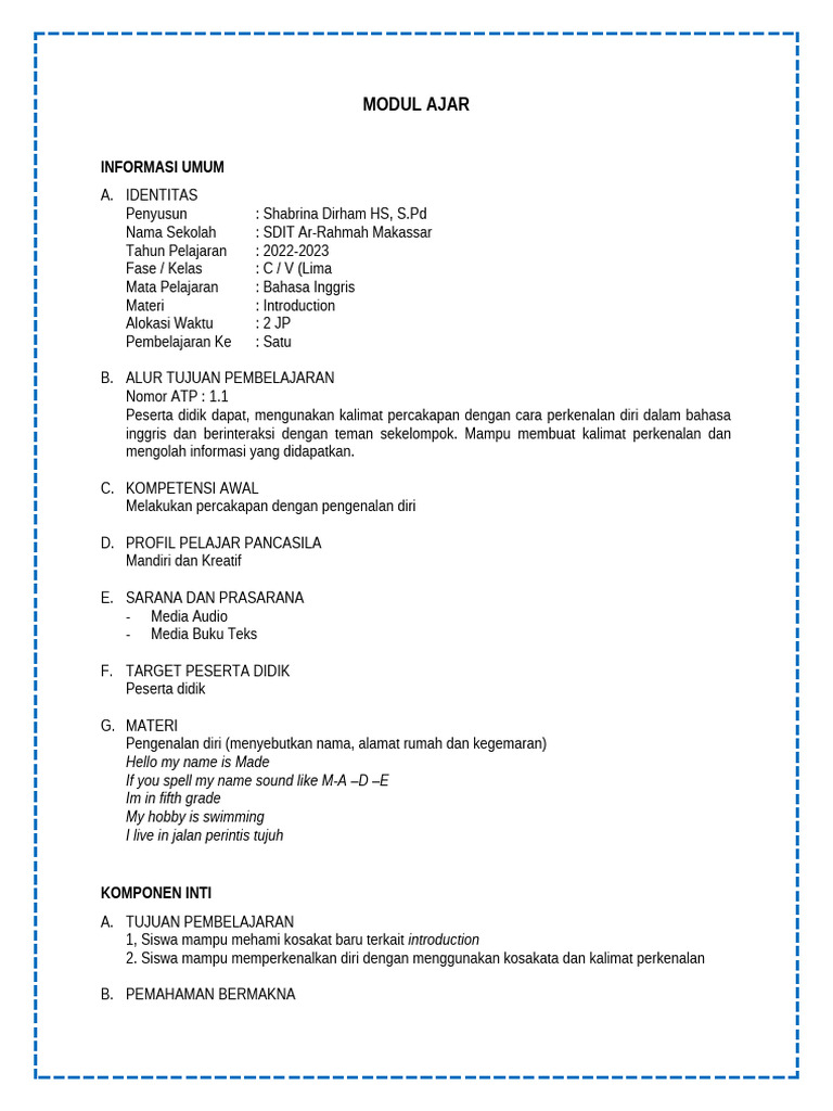 Contoh Format Modul Ajar | PDF