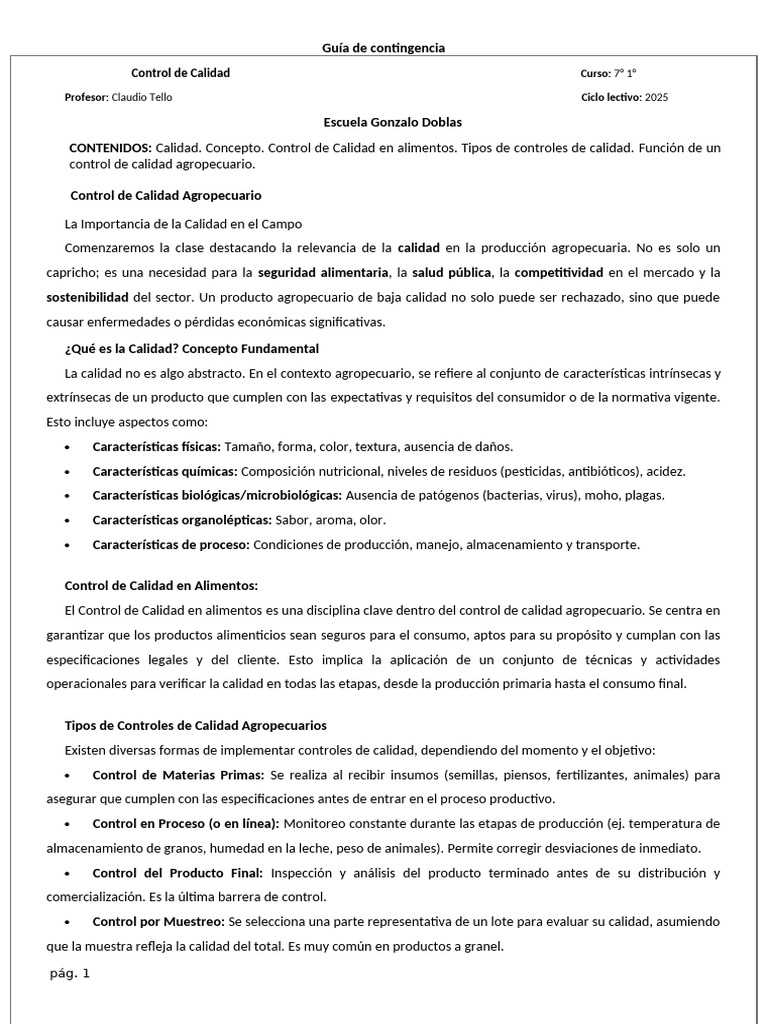 Control de Calidad: 7° 1° Claudio Tello 2025 | PDF | Calidad (comercial ...