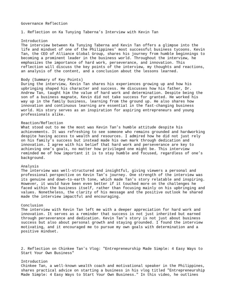 Governance Reflection Draft | PDF | Entrepreneurship | Mindset