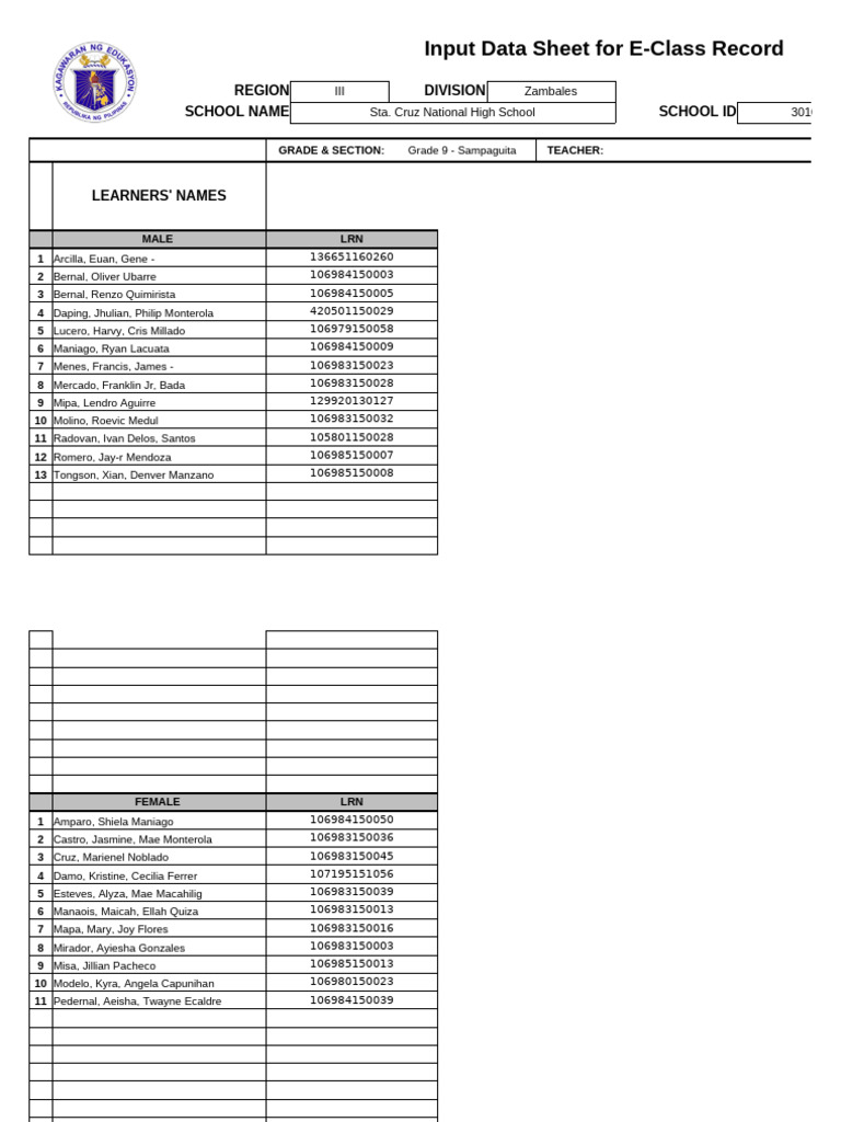 Grading Sheet of Grade 9 SAMPAGUITA SY 2024 2025 | PDF
