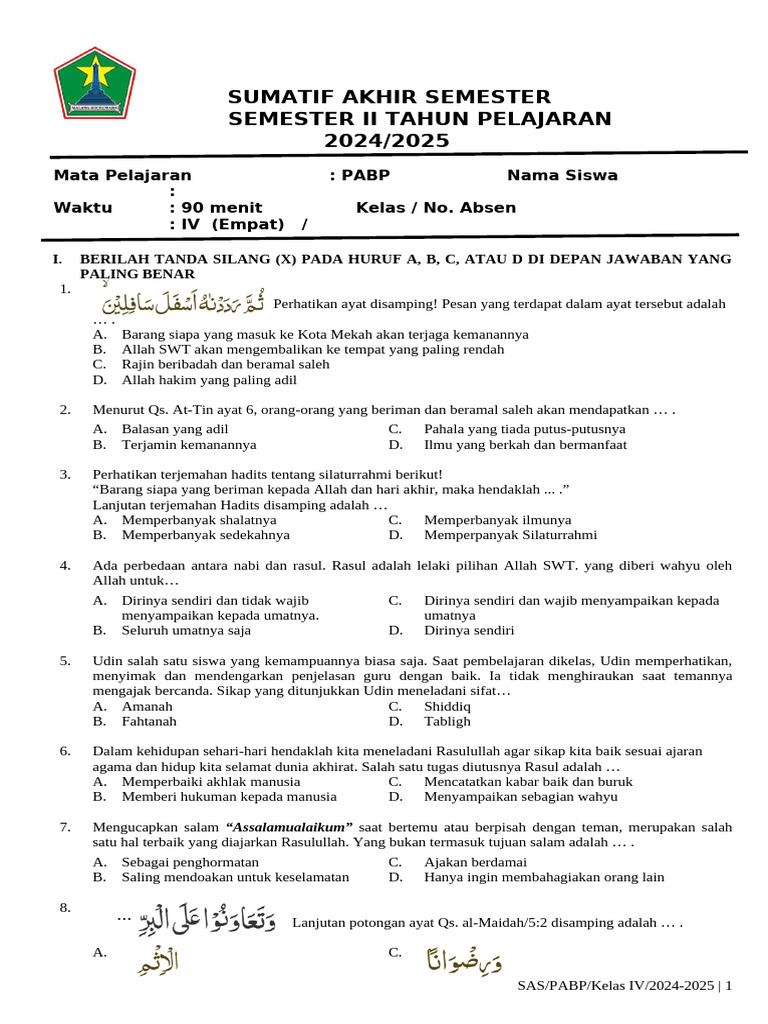 Soal Latihan Sas Pai Kelas 4 Semester II Tahun 2024-2025 | PDF
