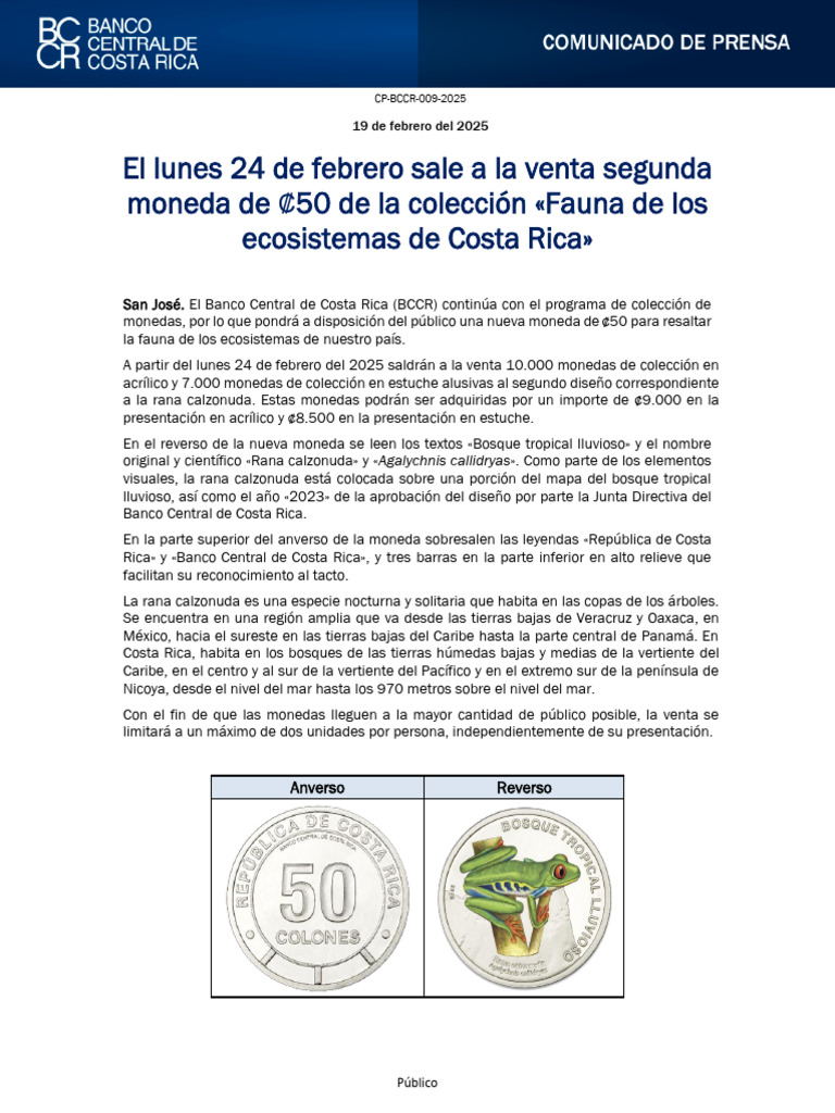CP-BCCR-009-2025-Venta Moneda 50 Colones Rana Calzonuda | PDF | Moneda ...
