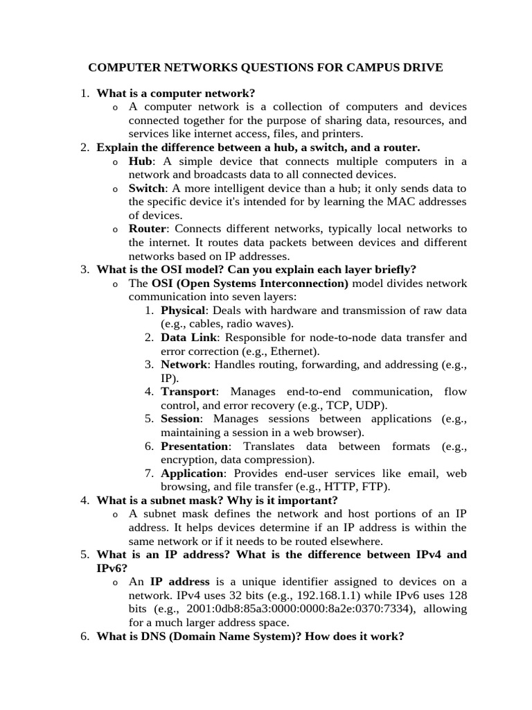 Computer Networks Questions For Campus Drive | PDF | Osi Model | Computer Network