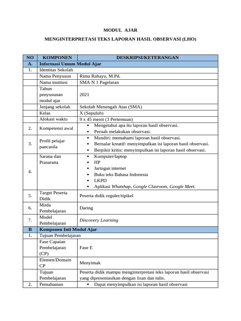 Modul Ajar Lho 1 | PDF