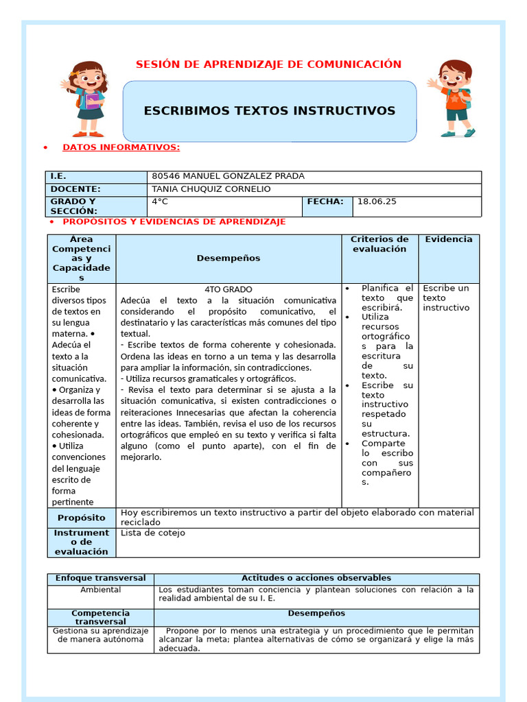 Escritura de Textos Instructivos 4°C | PDF | Aprendizaje | Comunicación ...