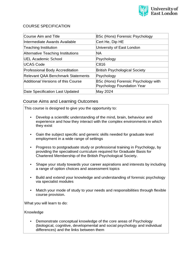 Course Specification - BSC Hons Forensic Psychology v24 | PDF ...