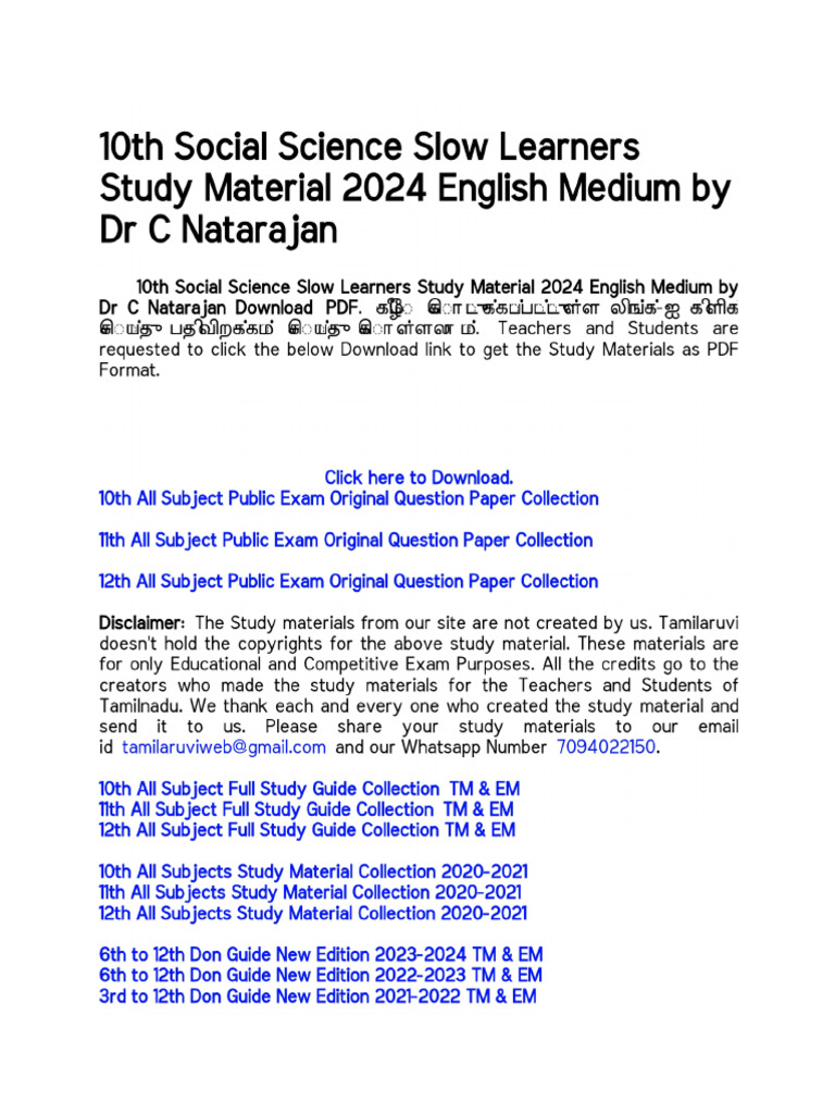 10th Social Science Slow Learners Study Material 2024 English Medium by DR C Natarajan | PDF