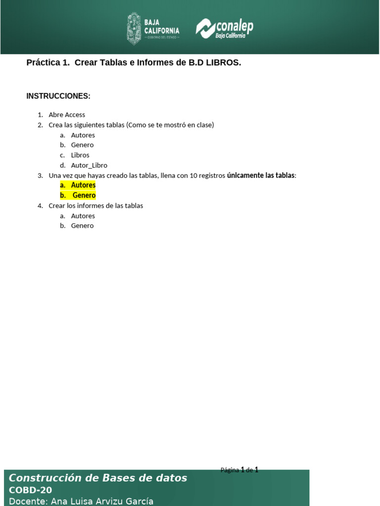 Práctica 1. Crear Tablas e Informes | PDF