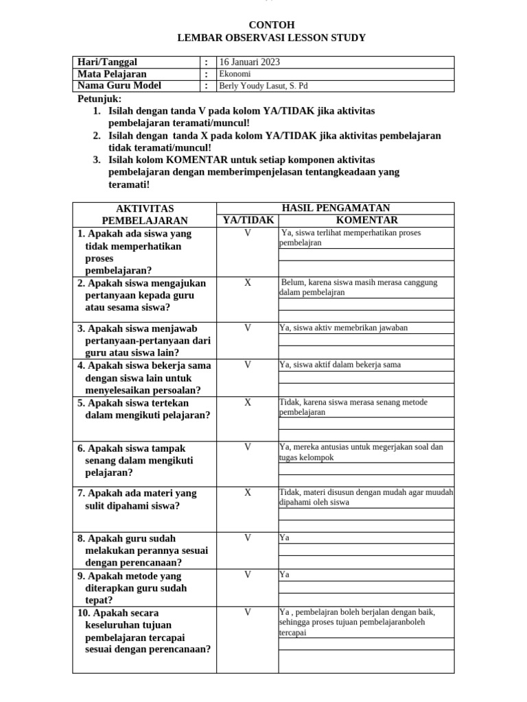Format Lembar Observasi Lesson Study | PDF