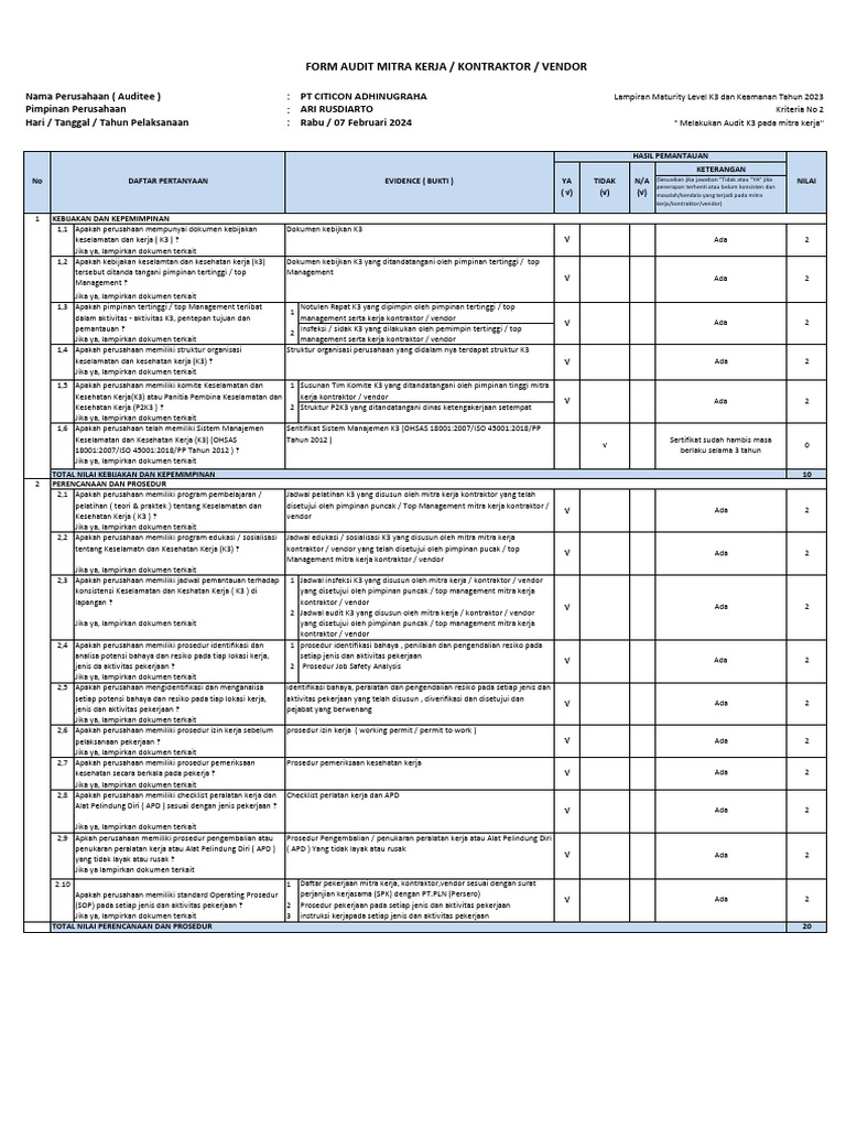 Form Audit K3 Mitra Kerja Tahun 2024 PT Citicon | PDF