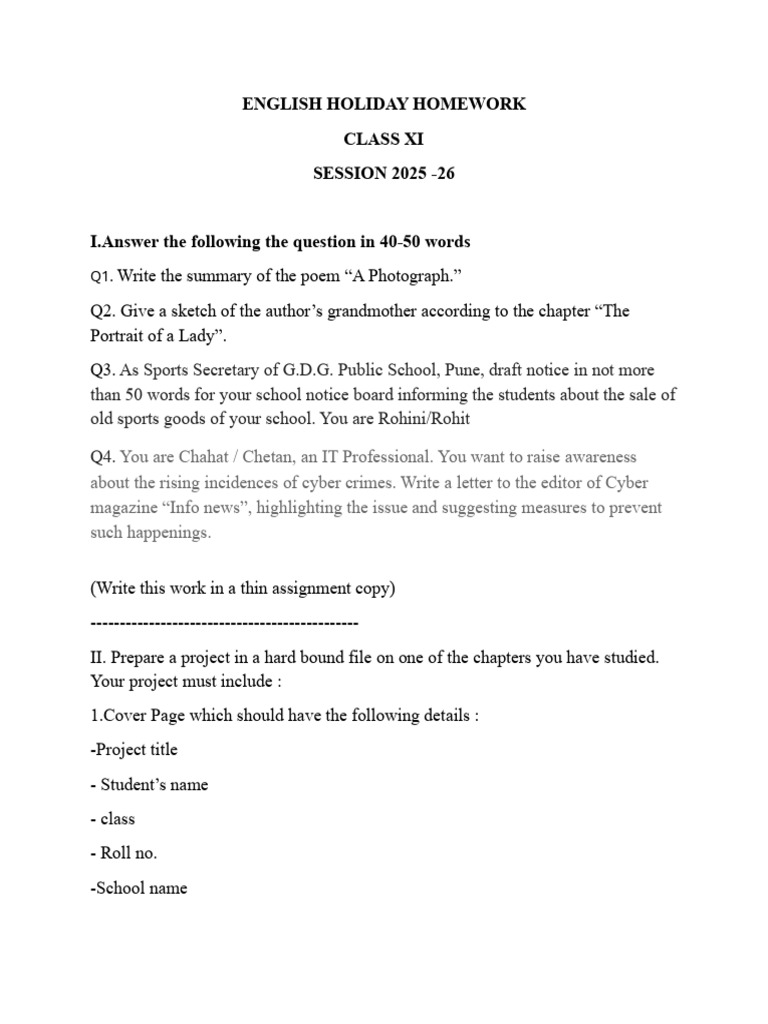 Holiday Homework Class XI Updated | PDF