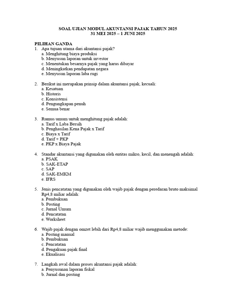 Soal Ujian Modul Akuntansi Pajak 2025 | PDF