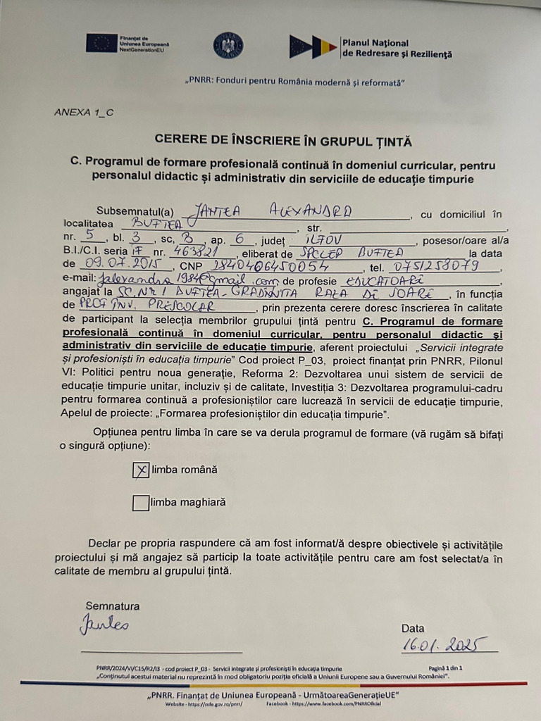 Cerere Inscriere Grup Tinta Jantea Alexandra | PDF