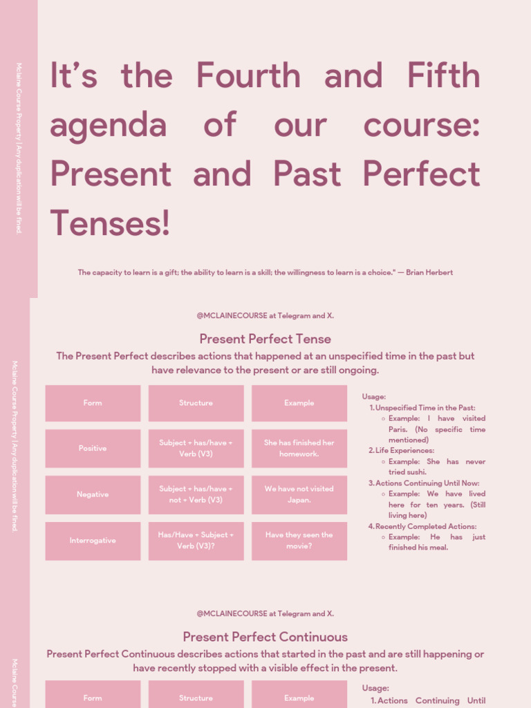 Fourth and Fifth Agenda - Present and Past Perfect | PDF | Perfect ...