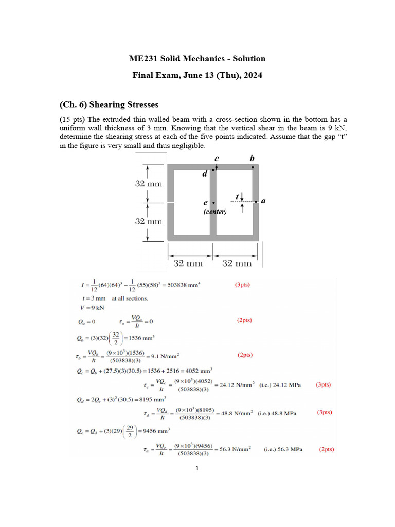 2024S ME231 Final Solution | PDF | Stress (Mechanics) | Beam (Structure)