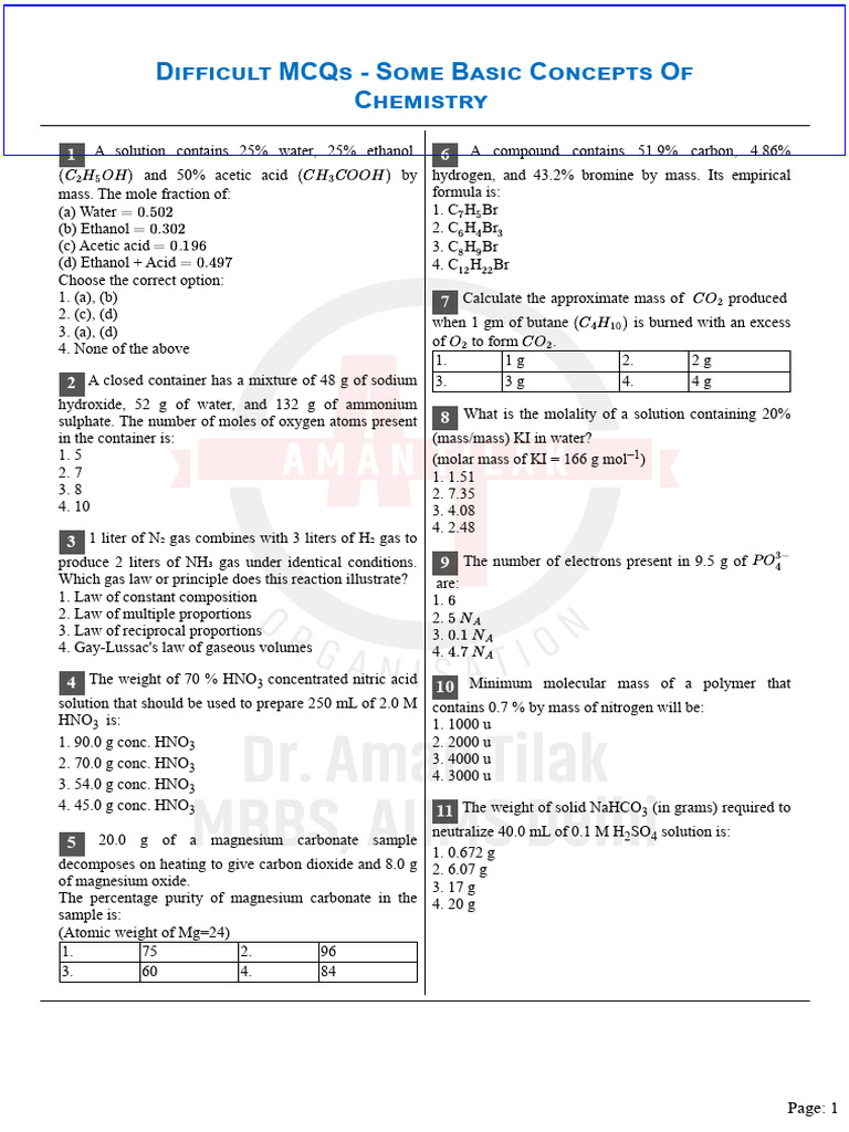 Difficult MCQs - Some Basic Concepts of Chemistry | PDF | Nitric Acid | Mole (Unit)