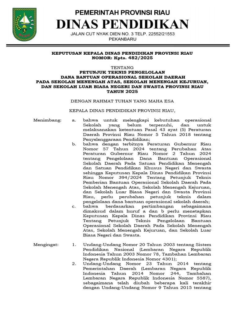 JUKNIS DANA BOSDA PROVINSI RIAU TAHUN 2025-Kpts.482 | PDF
