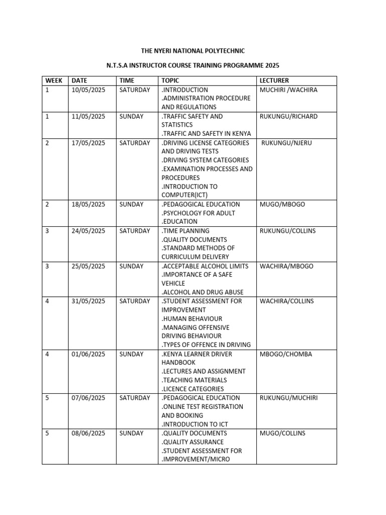 Instructor Training Timetable May-July 2025 | PDF | Driver's License ...
