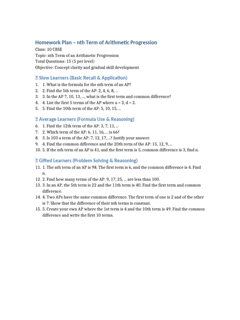 Homework AP NTH Term Class10 | PDF