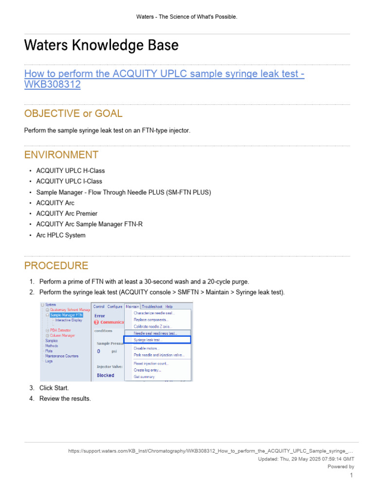 ACQUITY UPLC Syringe Leak Test Guide | PDF