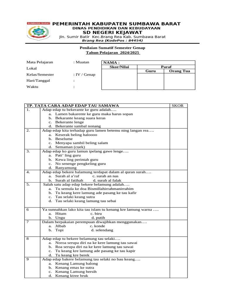 Soal SAS Mulok Kls 4 Genap | PDF