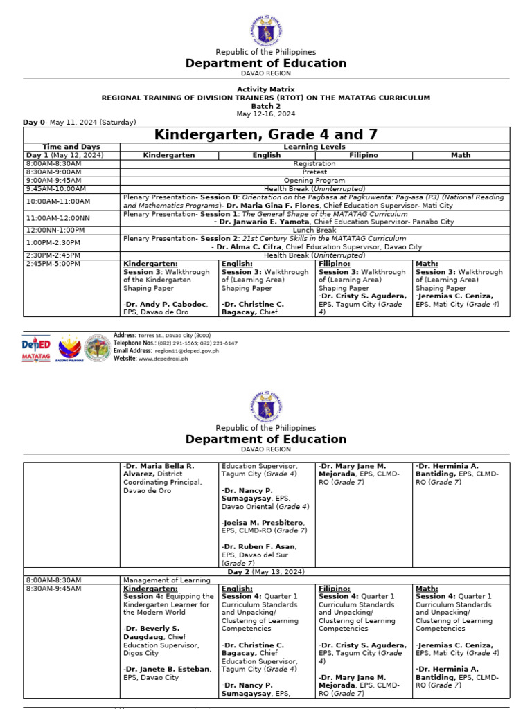 Activity Matrix On MATATAG Curriculum Rollout - Batch 2 - 222 Pax | PDF ...