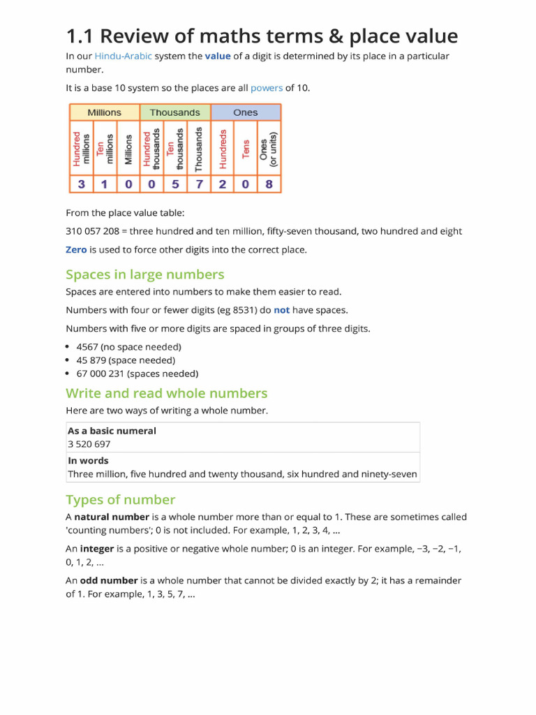 1.1 - Review of Maths Terms & Place Value | PDF | Numbers | Integer
